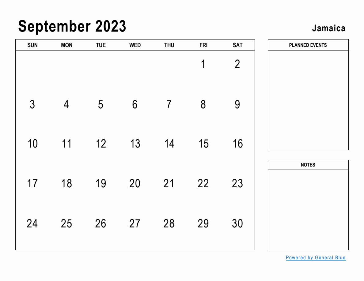 September 2023 Planner with Jamaica Holidays
