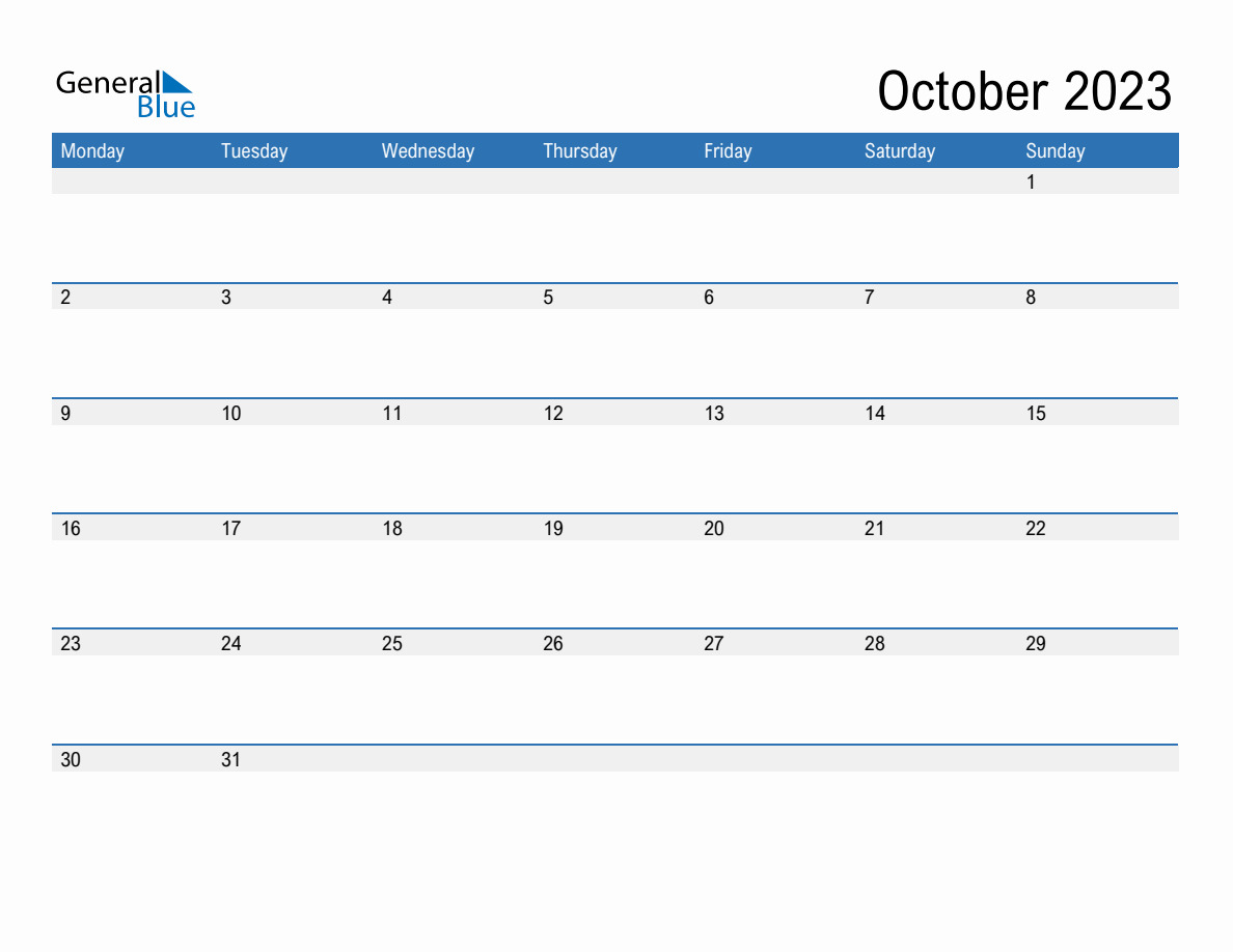 Editable Calendar Template for October 2023