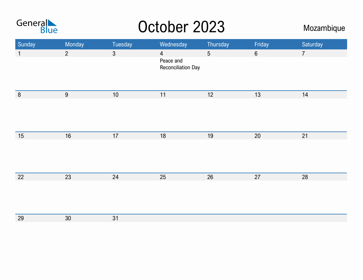 Editable October 2023 Calendar with Mozambique Holidays