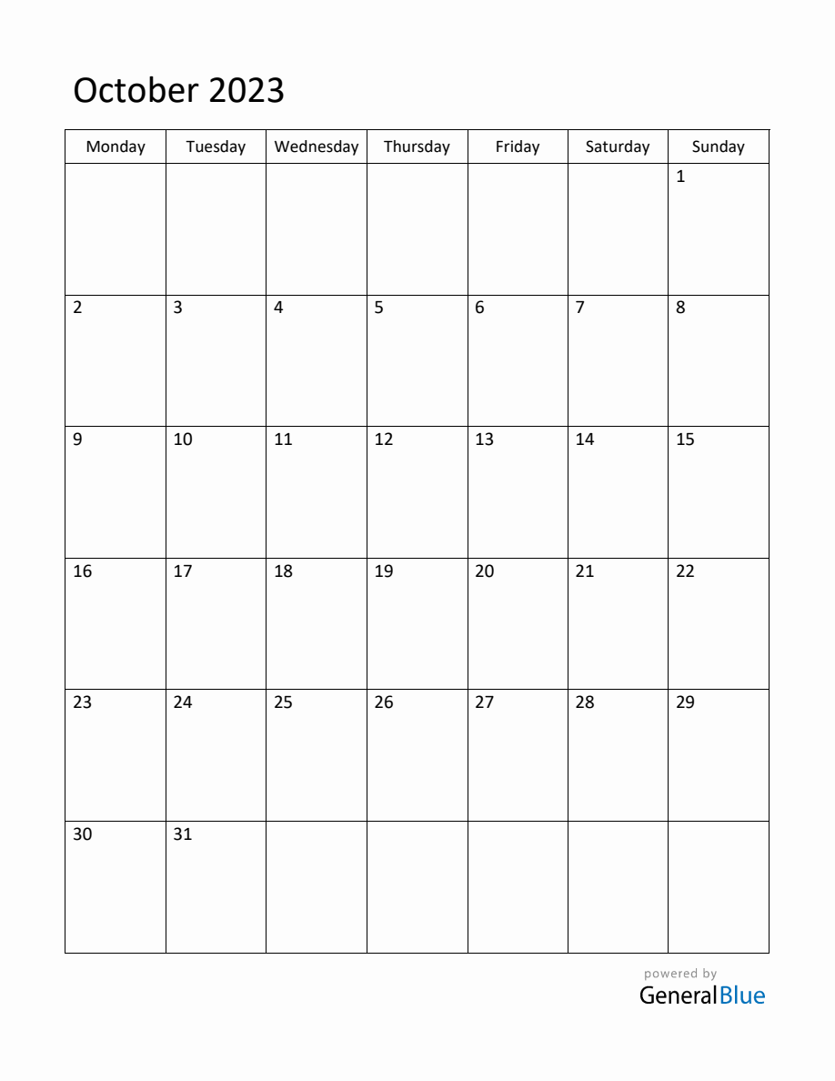 Editable October 2023 Monthly Calendar - Monday Start