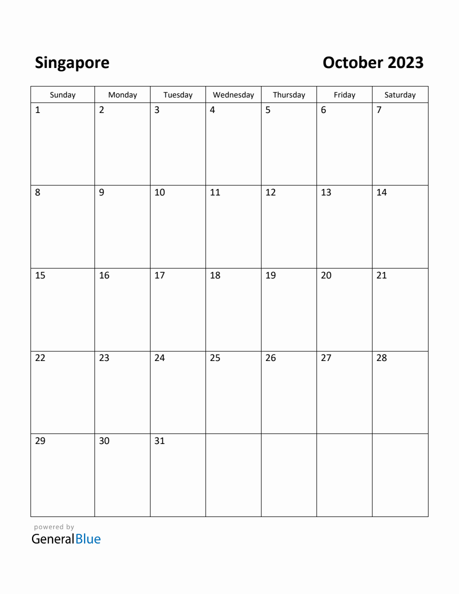 Free Printable October 2023 Calendar for Singapore
