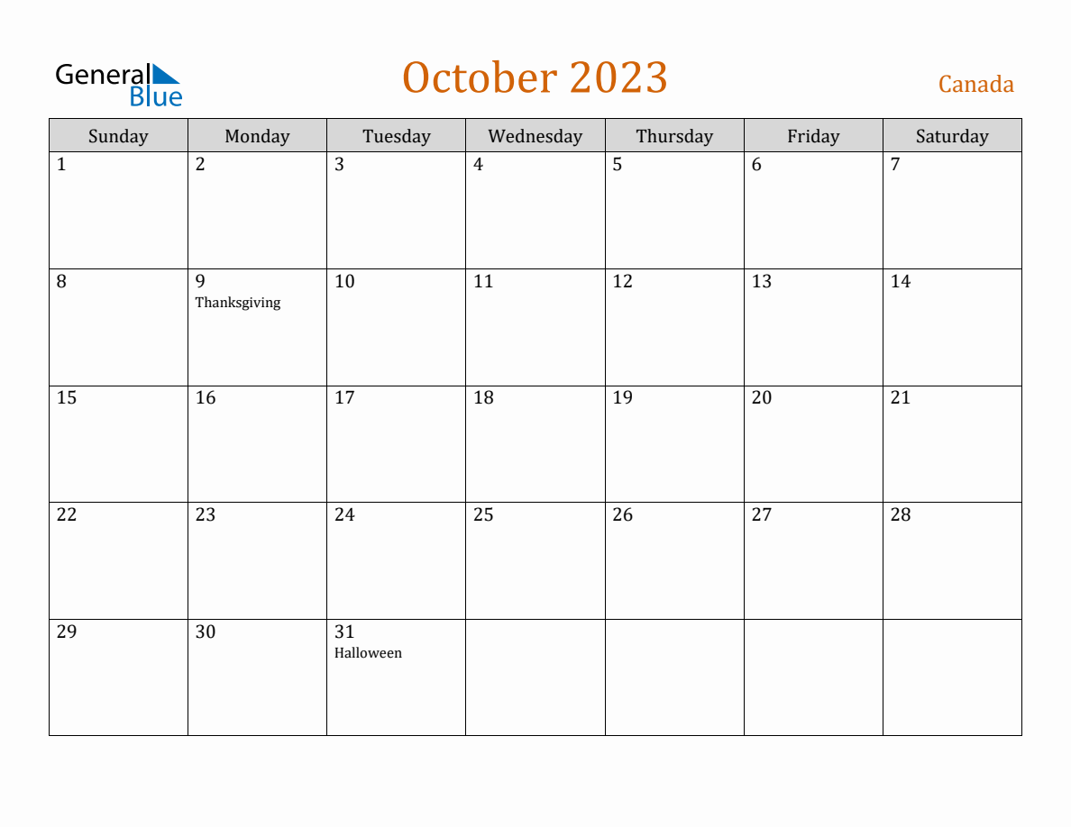 Free October 2023 Canada Calendar
