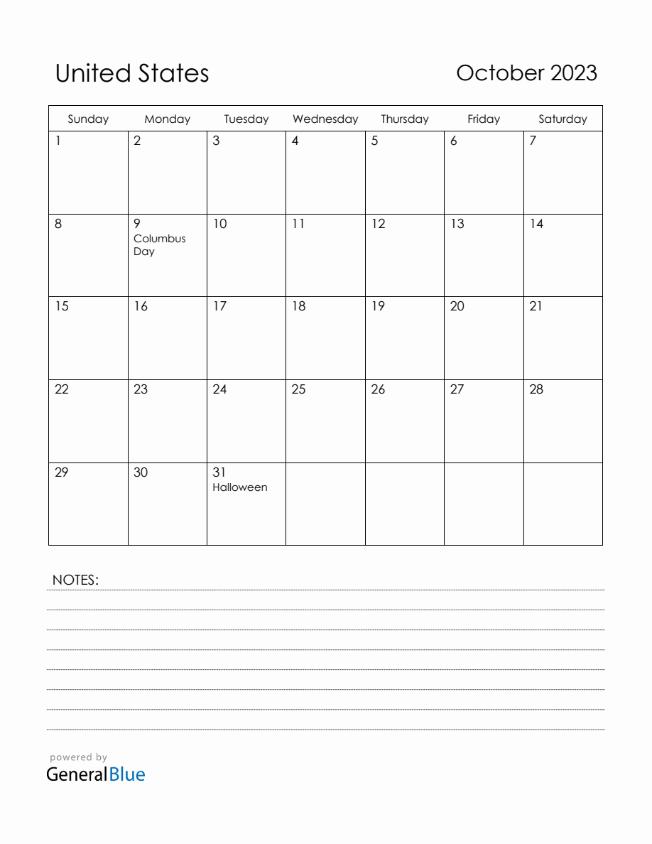 October 2023 United States Calendar with Holidays