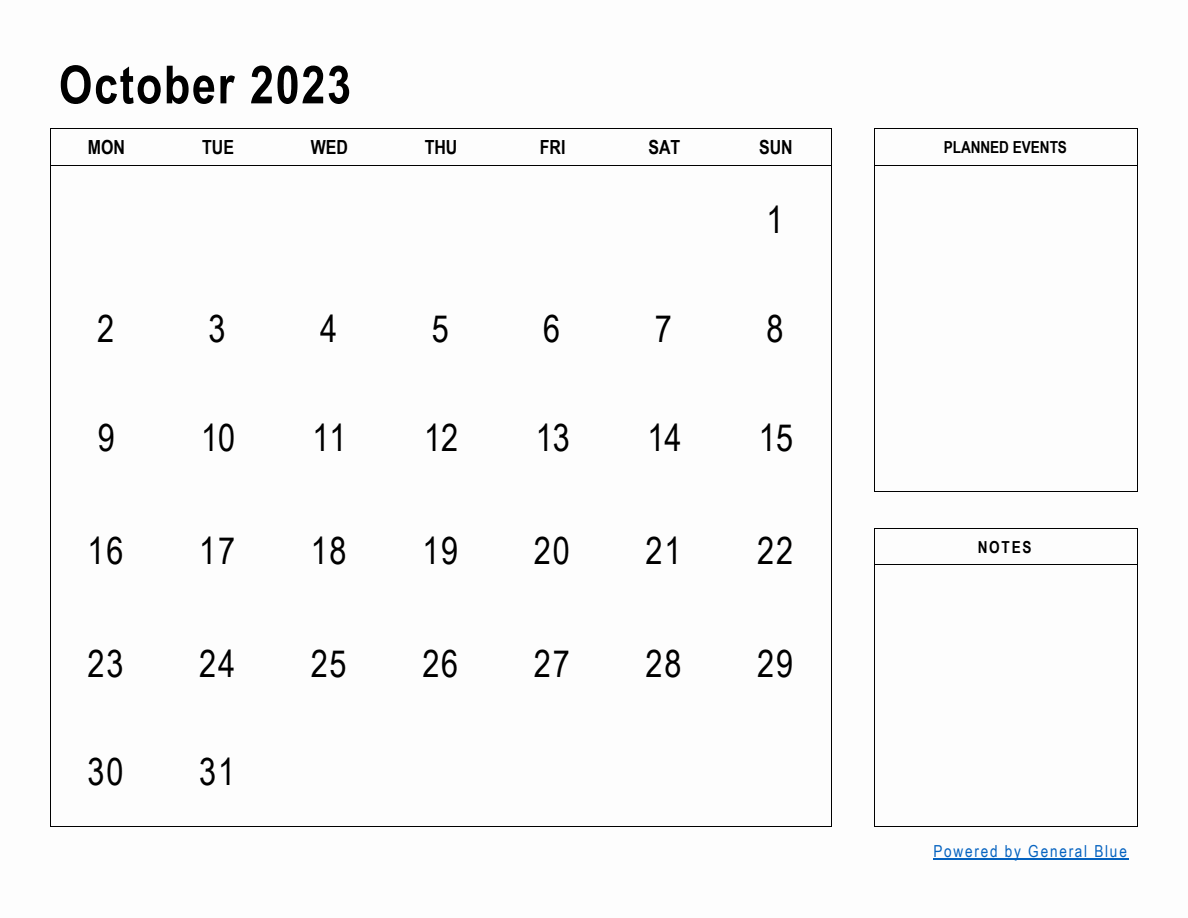 October 2023 Monthly Planner - Monday Start
