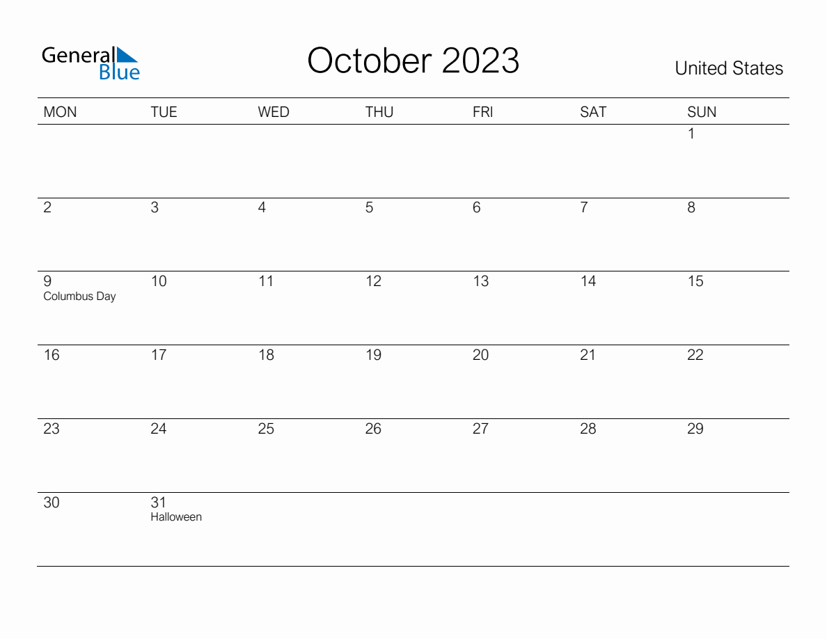 Printable October 2023 Monthly Calendar with Holidays for United States ...