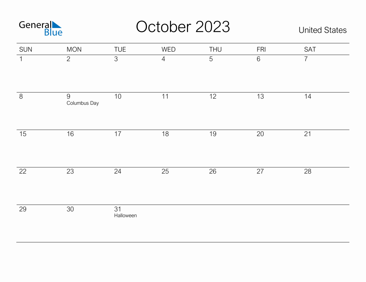 Printable October 2023 Monthly Calendar with Holidays for United States