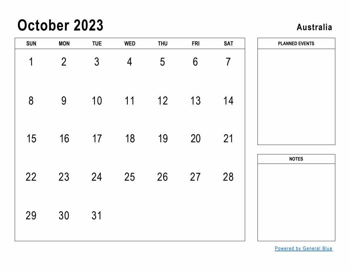 October 2023 Planner with Australia Holidays