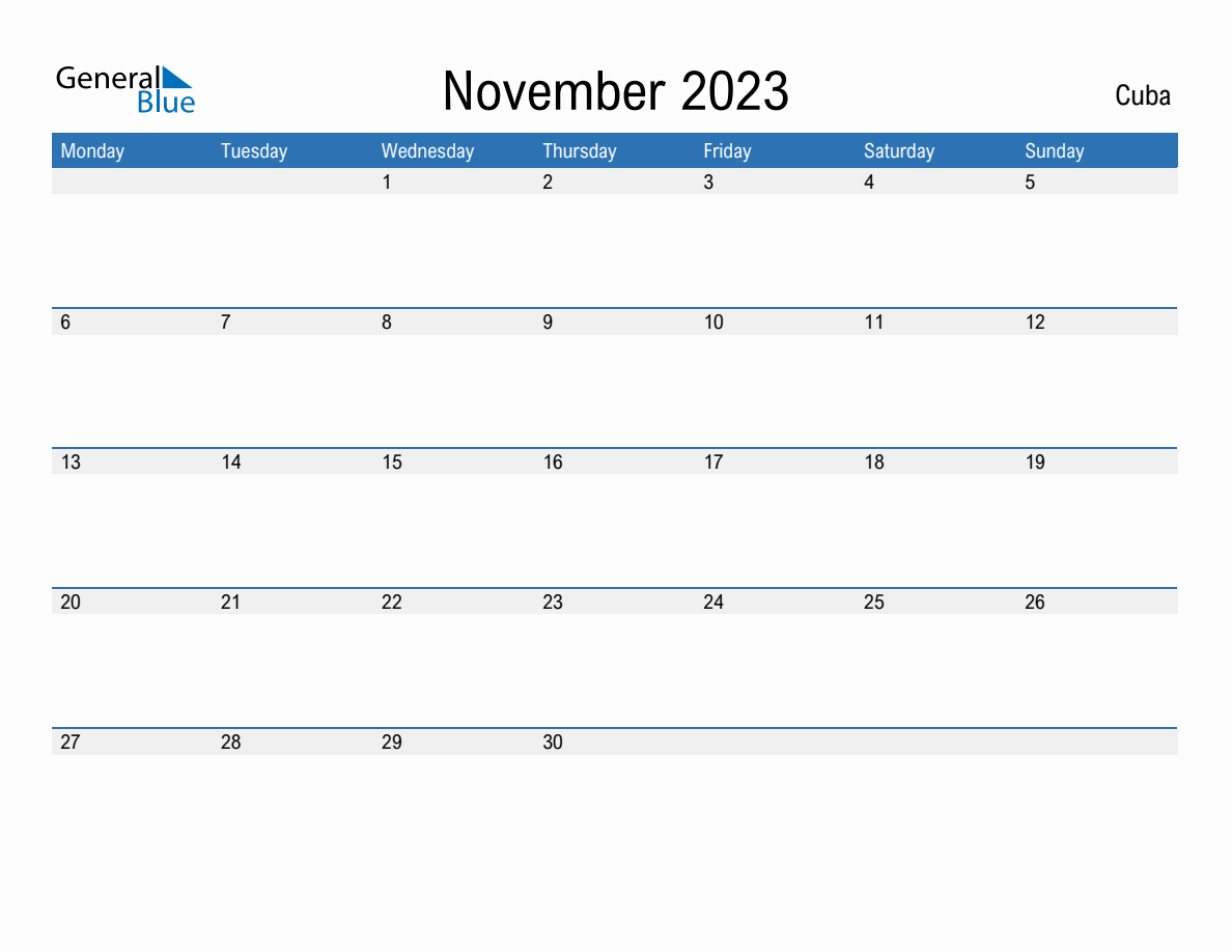 Editable November 2023 Calendar with Cuba Holidays (Monday Start)