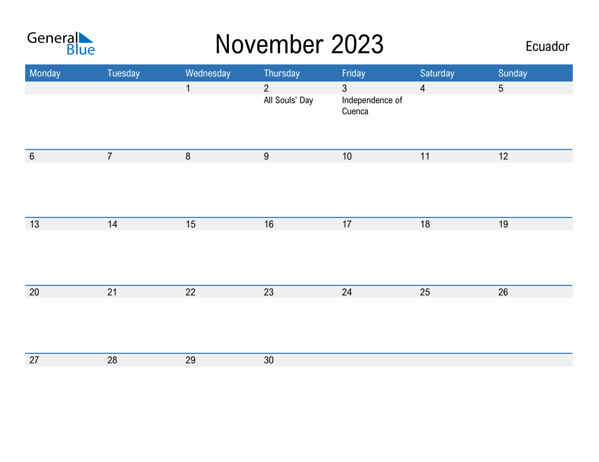 Editable November 2023 Calendar with Ecuador Holidays (Monday Start)
