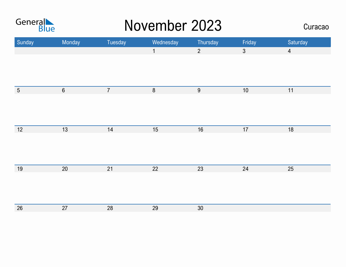 Editable November 2023 Calendar with Curacao Holidays