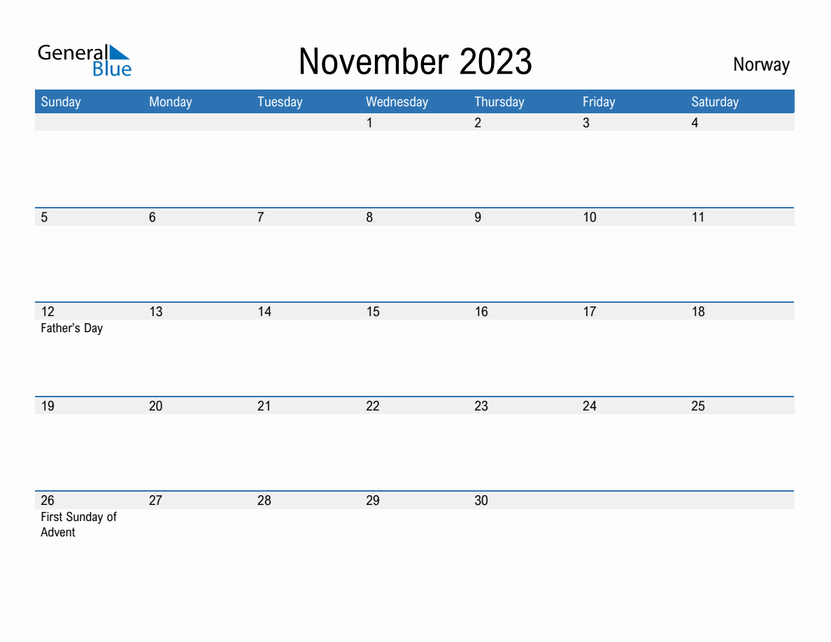 November 2023 Monthly Calendars with Norway Holidays
