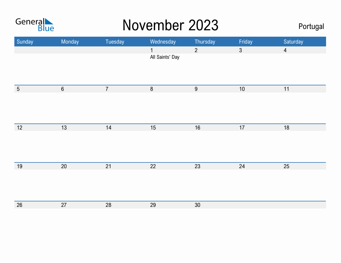 November 2023 Monthly Calendars with Portugal Holidays