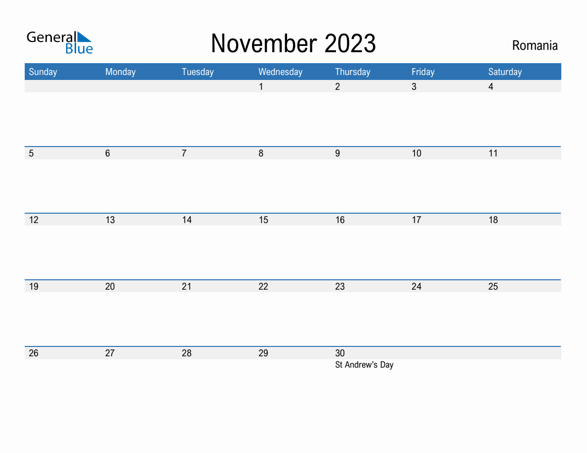 November 2023 Monthly Calendars with Romania Holidays