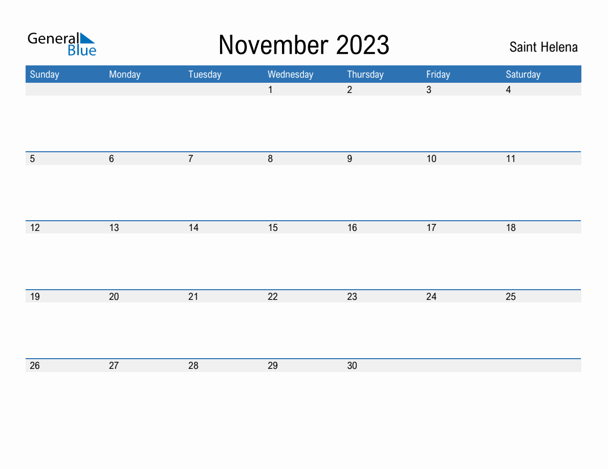 November 2023 Monthly Calendars with Saint Helena Holidays