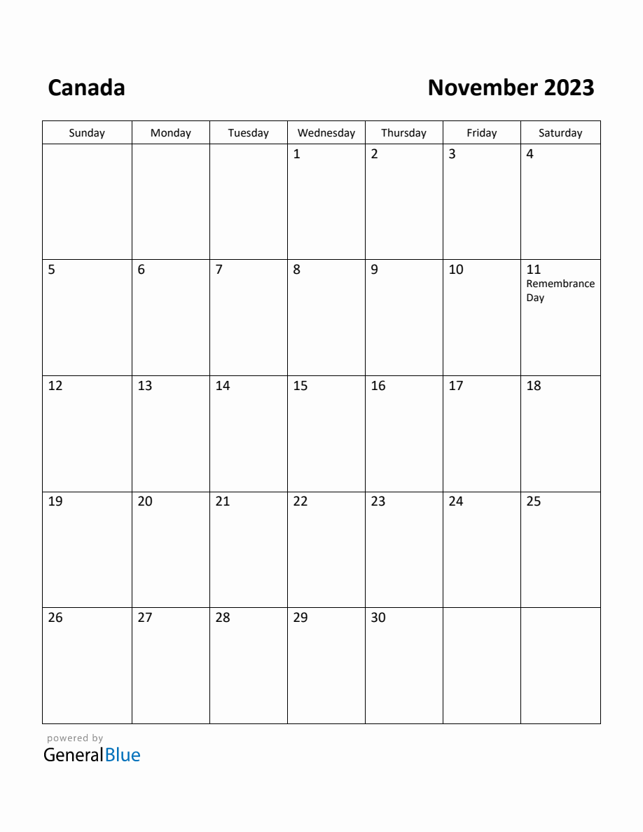 Free Printable November 2023 Calendar for Canada