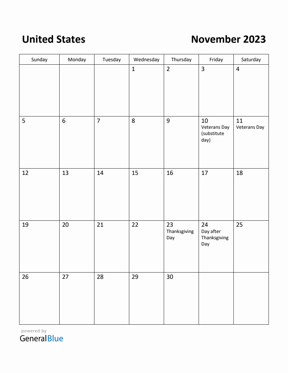 Free Printable November 2023 Calendar for United States