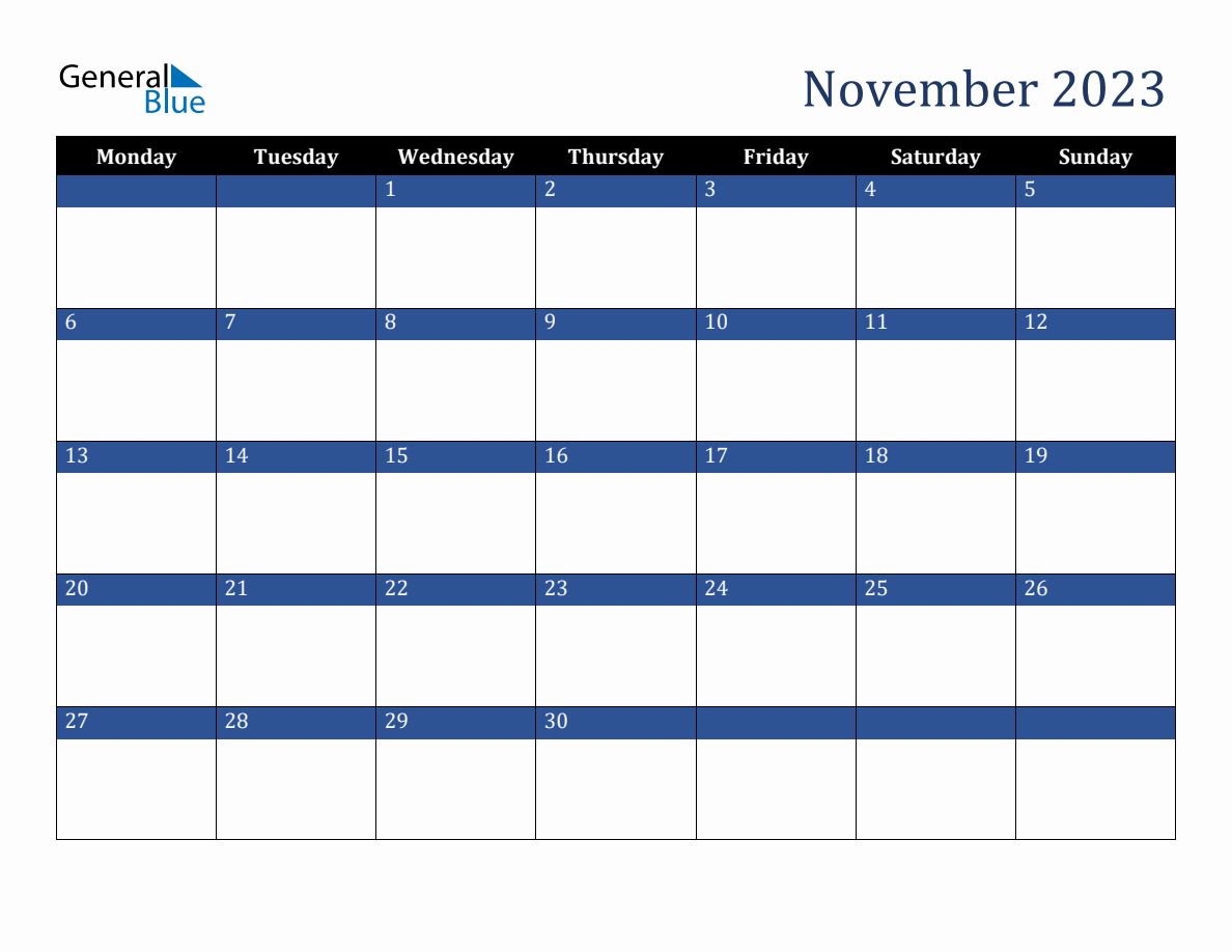 November 2023 Downloadable Calendar - Monday Start