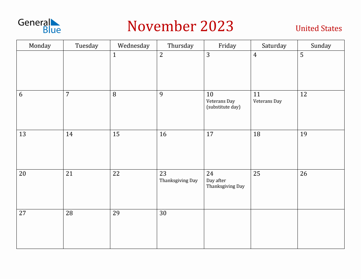 November 2023 United States Monthly Calendar with Holidays