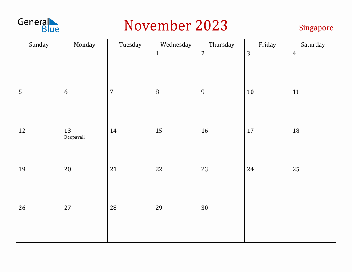 November 2023 Singapore Monthly Calendar with Holidays