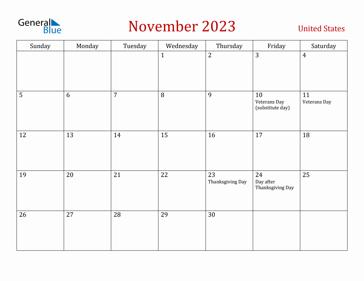 November 2023 United States Monthly Calendar with Holidays