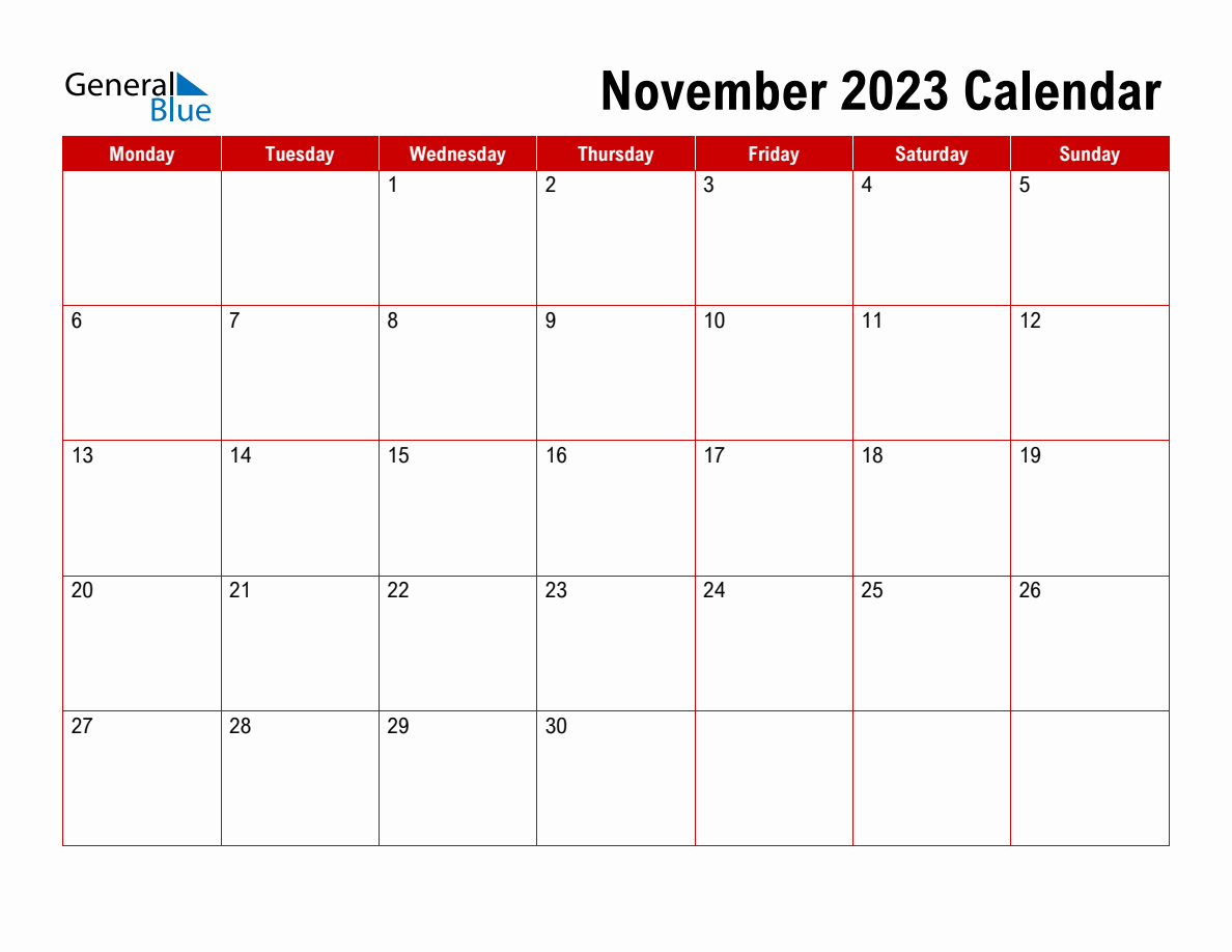 Basic Monthly Calendar - November 2023 - Monday Start