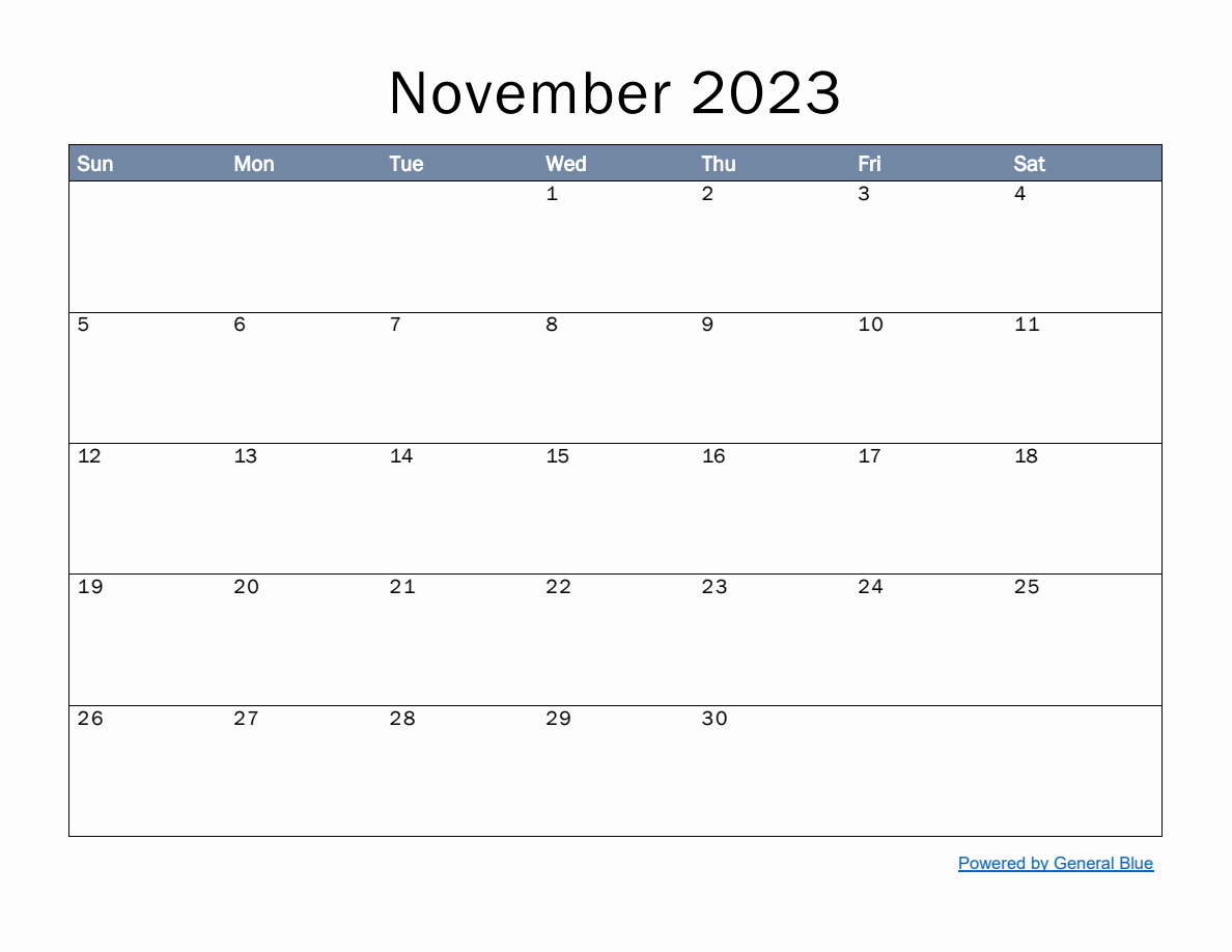 Monthly Calendar Template for November 2023