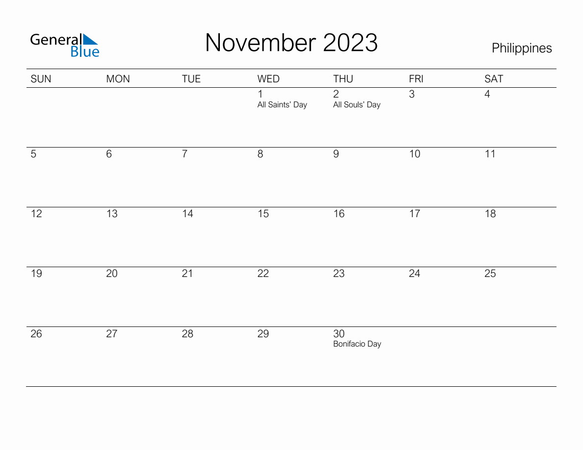 Printable November 2023 Monthly Calendar with Holidays for Philippines