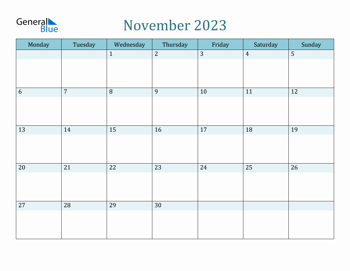 November 2023 Monthly Calendar Template - Monday Start