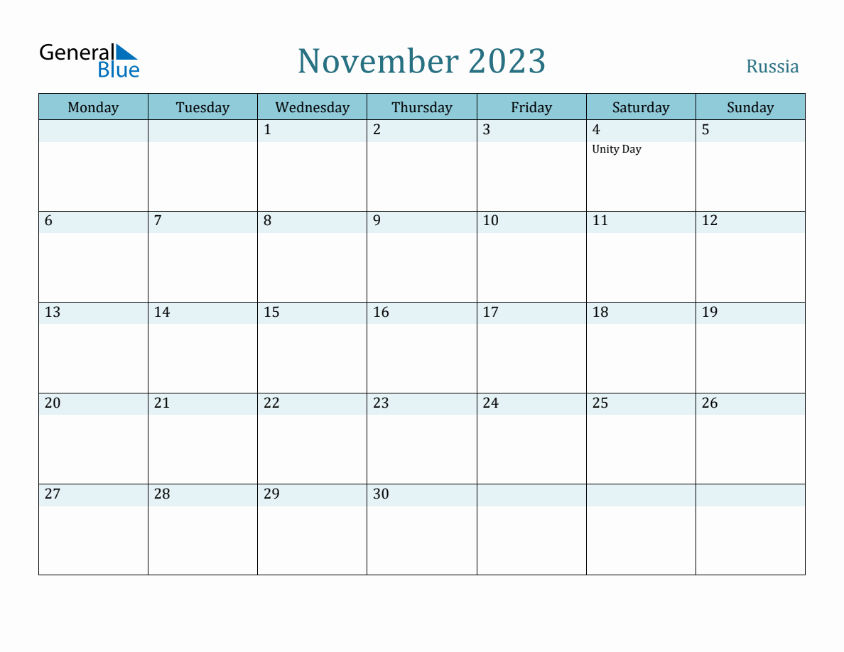 Russia Holiday Calendar for November 2023
