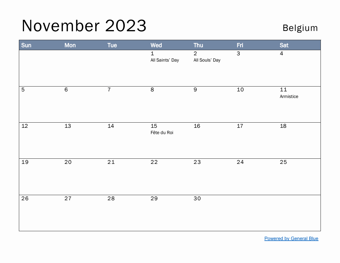 Free Monthly Calendar Template for November 2023 with Belgium Holidays