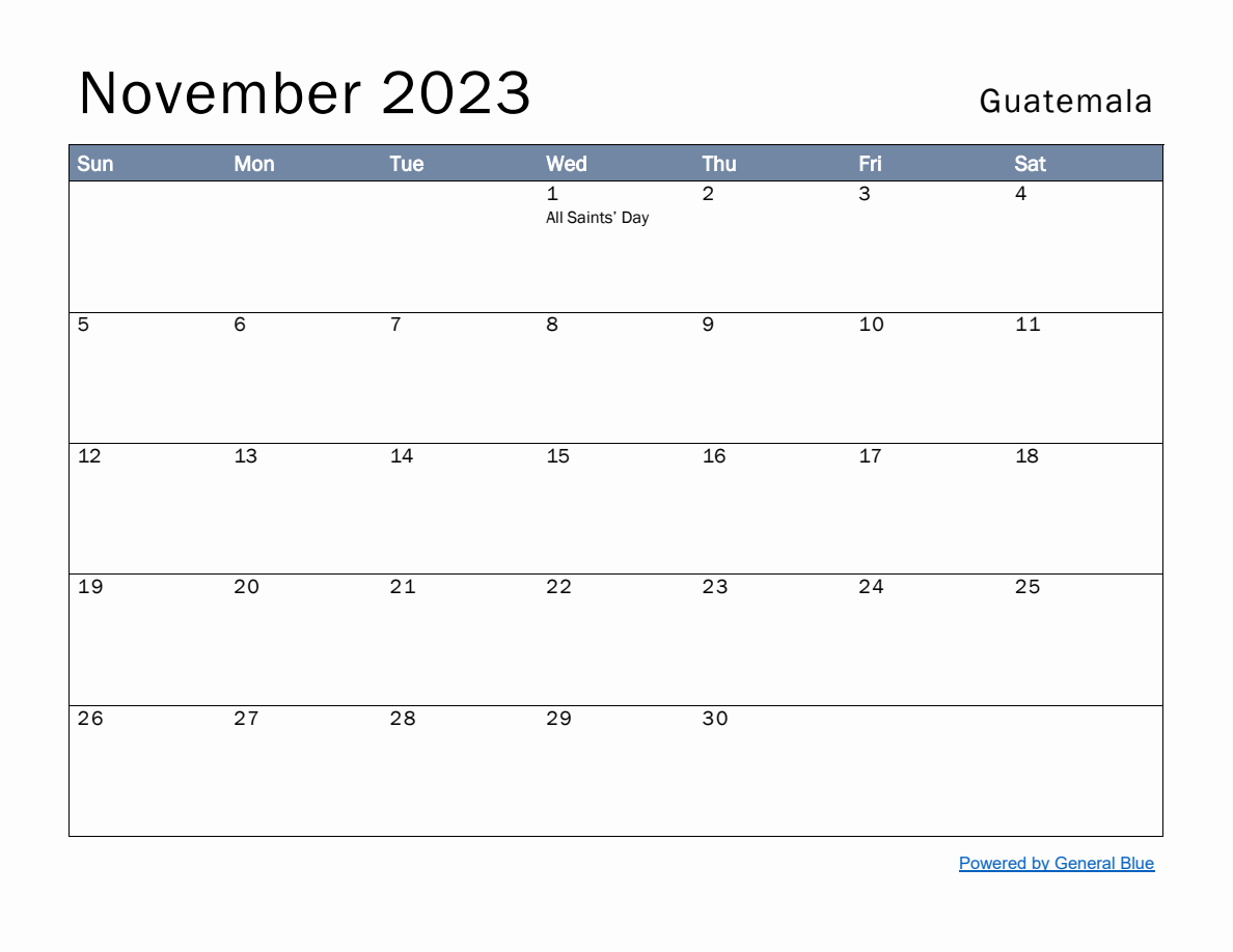 Free Monthly Calendar Template for November 2023 with Guatemala Holidays