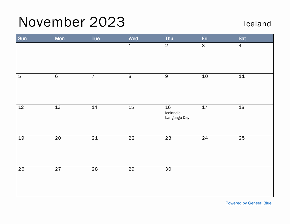 Free Monthly Calendar Template for November 2023 with Iceland Holidays