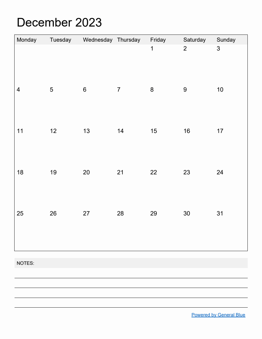 Free Printable Monthly Calendar for December 2023 - Monday Start