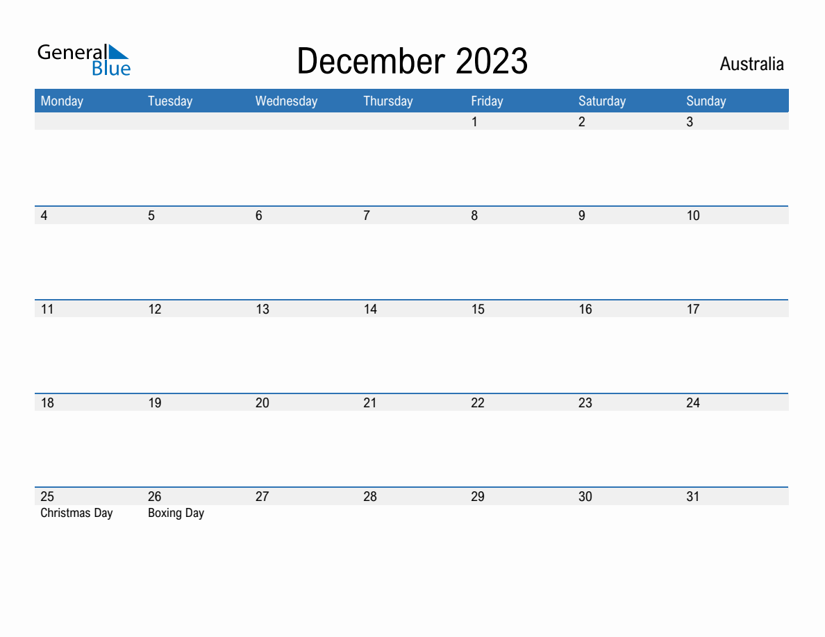 Editable December 2023 Calendar with Australia Holidays (Monday Start)