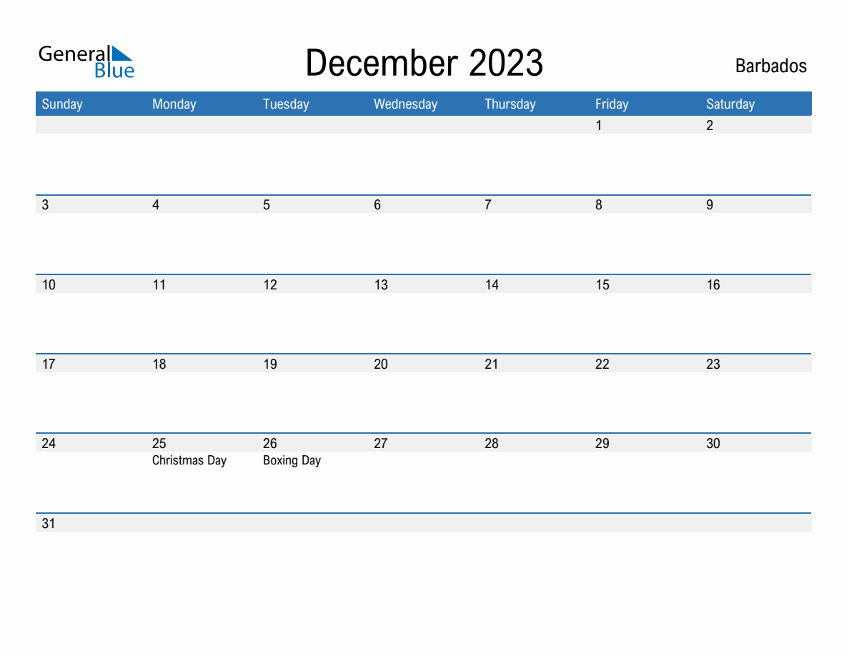 Editable December 2023 Calendar with Barbados Holidays