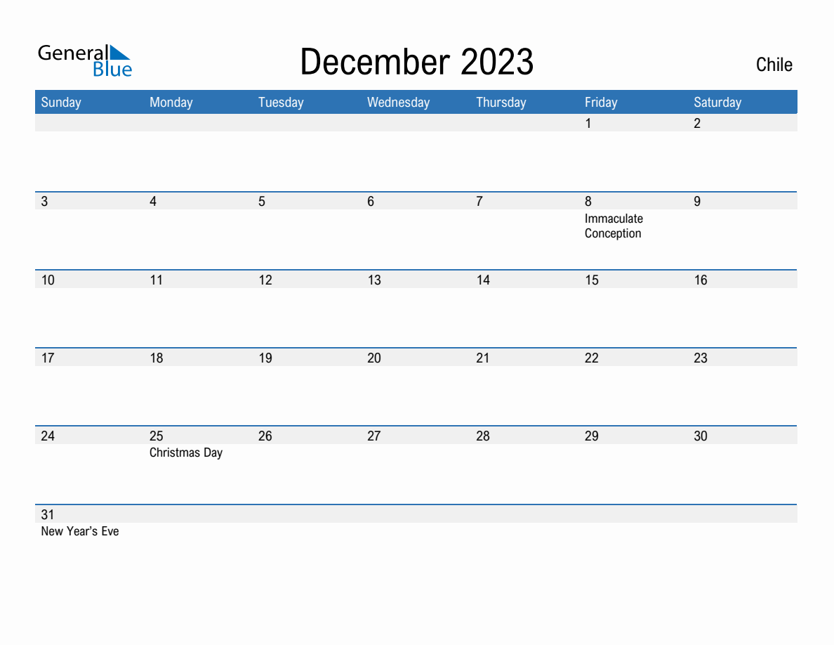December 2023 Monthly Calendars with Chile Holidays