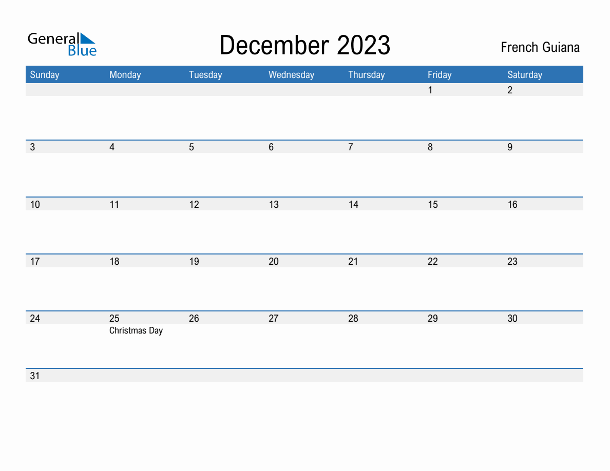 December 2023 Monthly Calendars with French Guiana Holidays