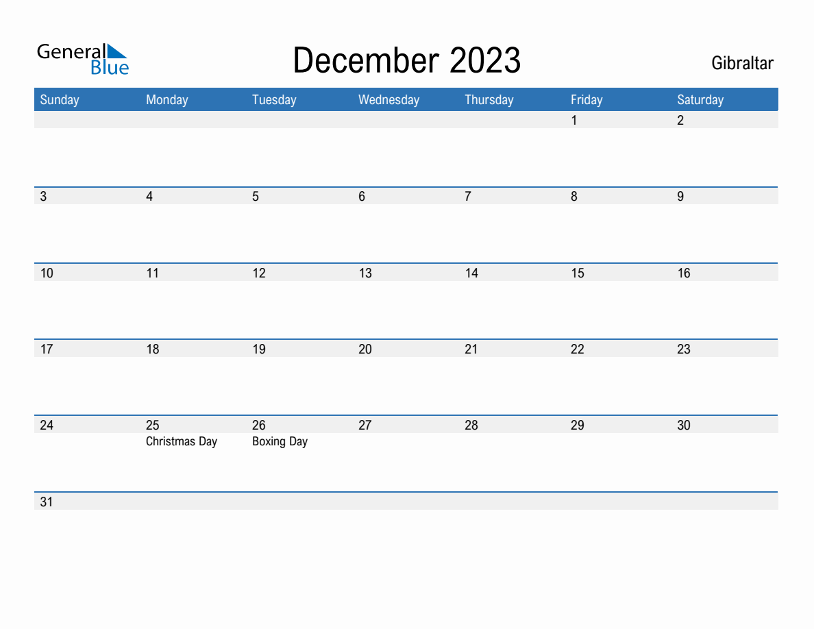 December 2023 Monthly Calendars with Gibraltar Holidays