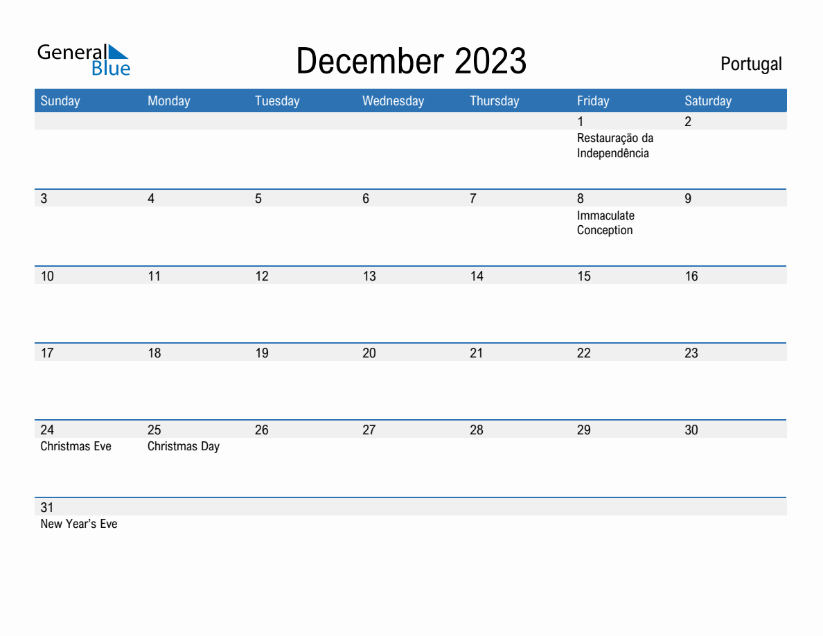 December 2023 Monthly Calendars with Portugal Holidays