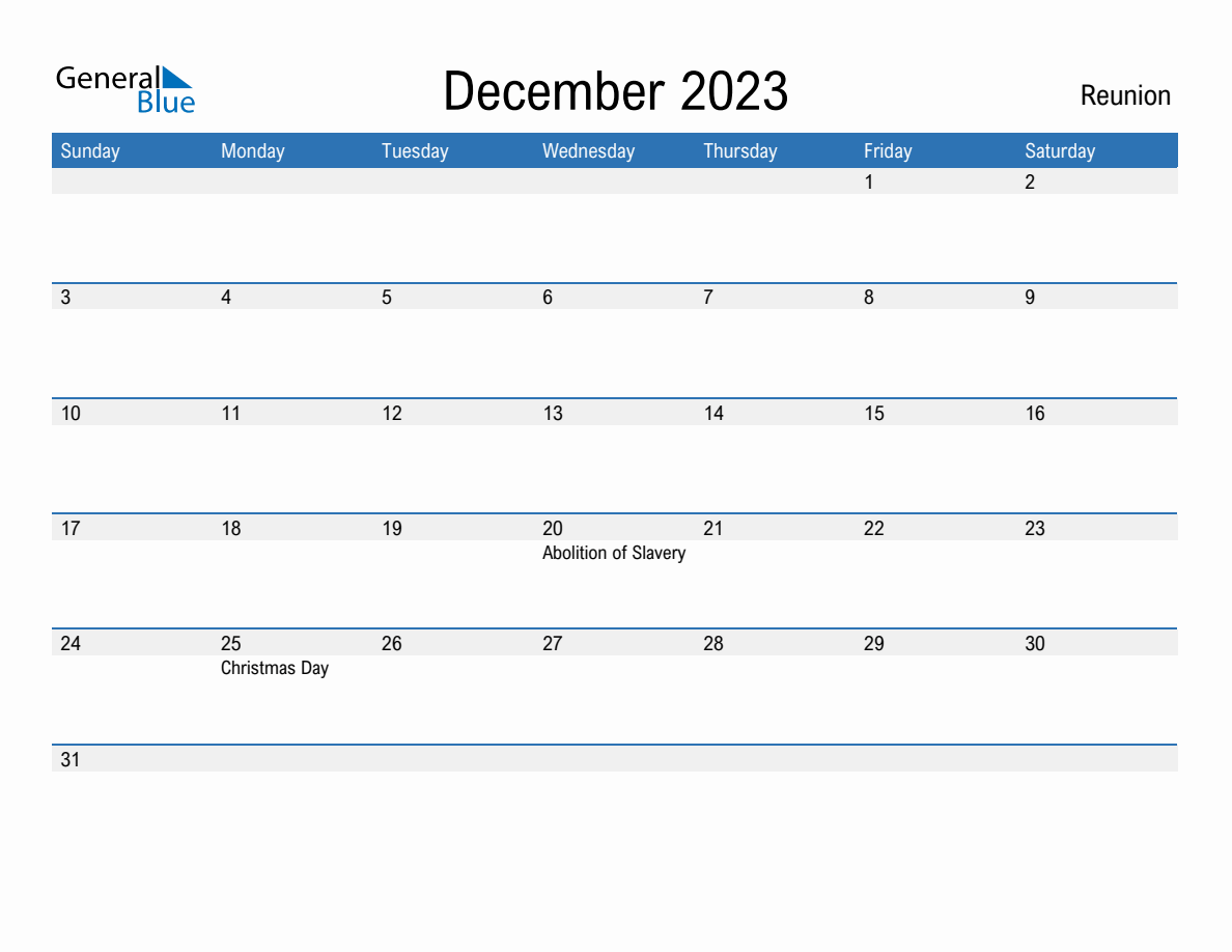 December 2023 Monthly Calendars with Reunion Holidays