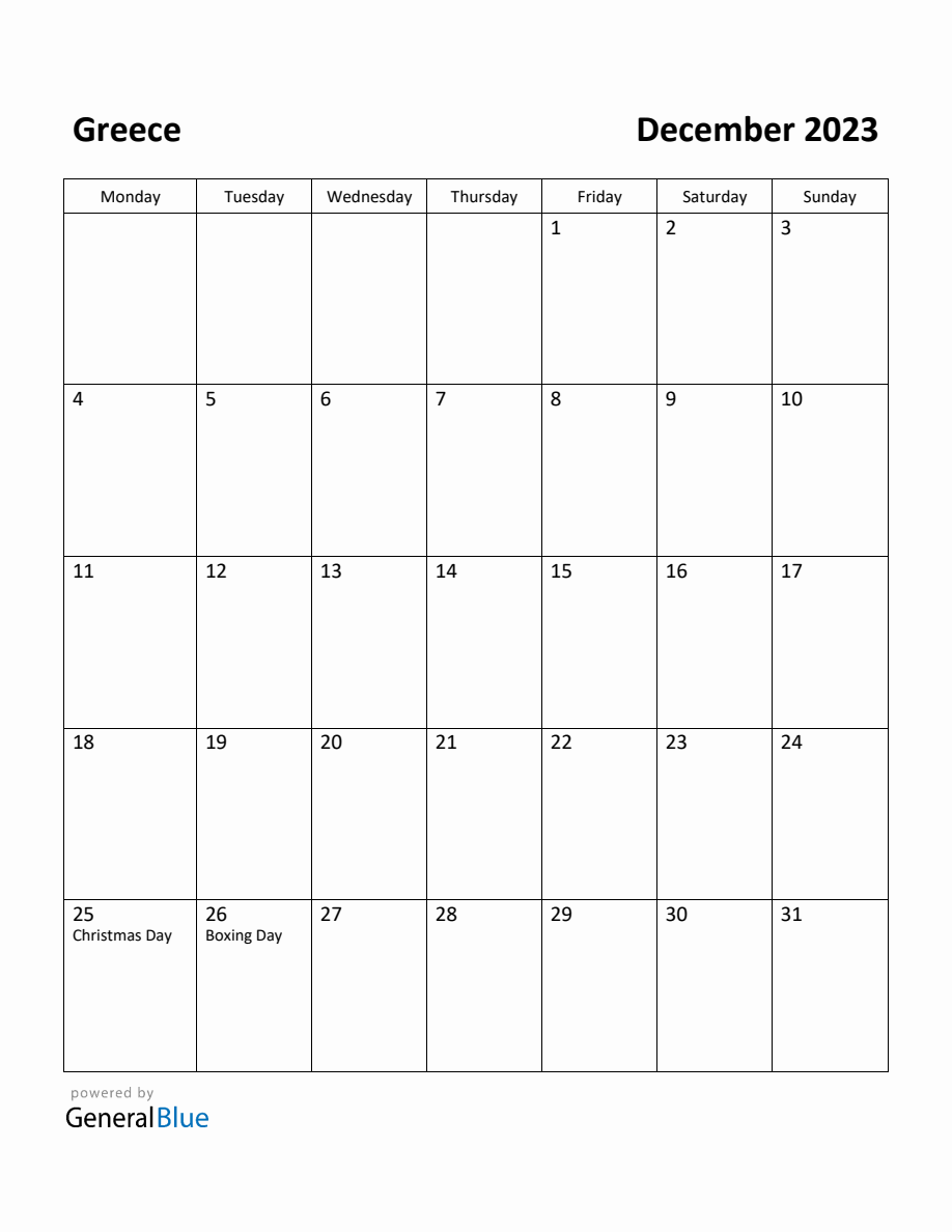 Free Printable December 2023 Calendar for Greece (Monday Start)