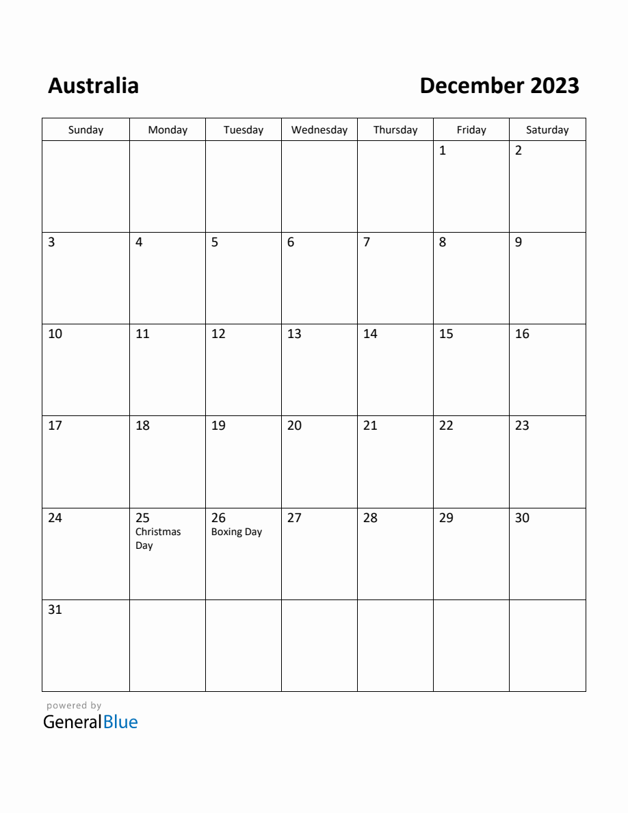 Free Printable December 2023 Calendar for Australia