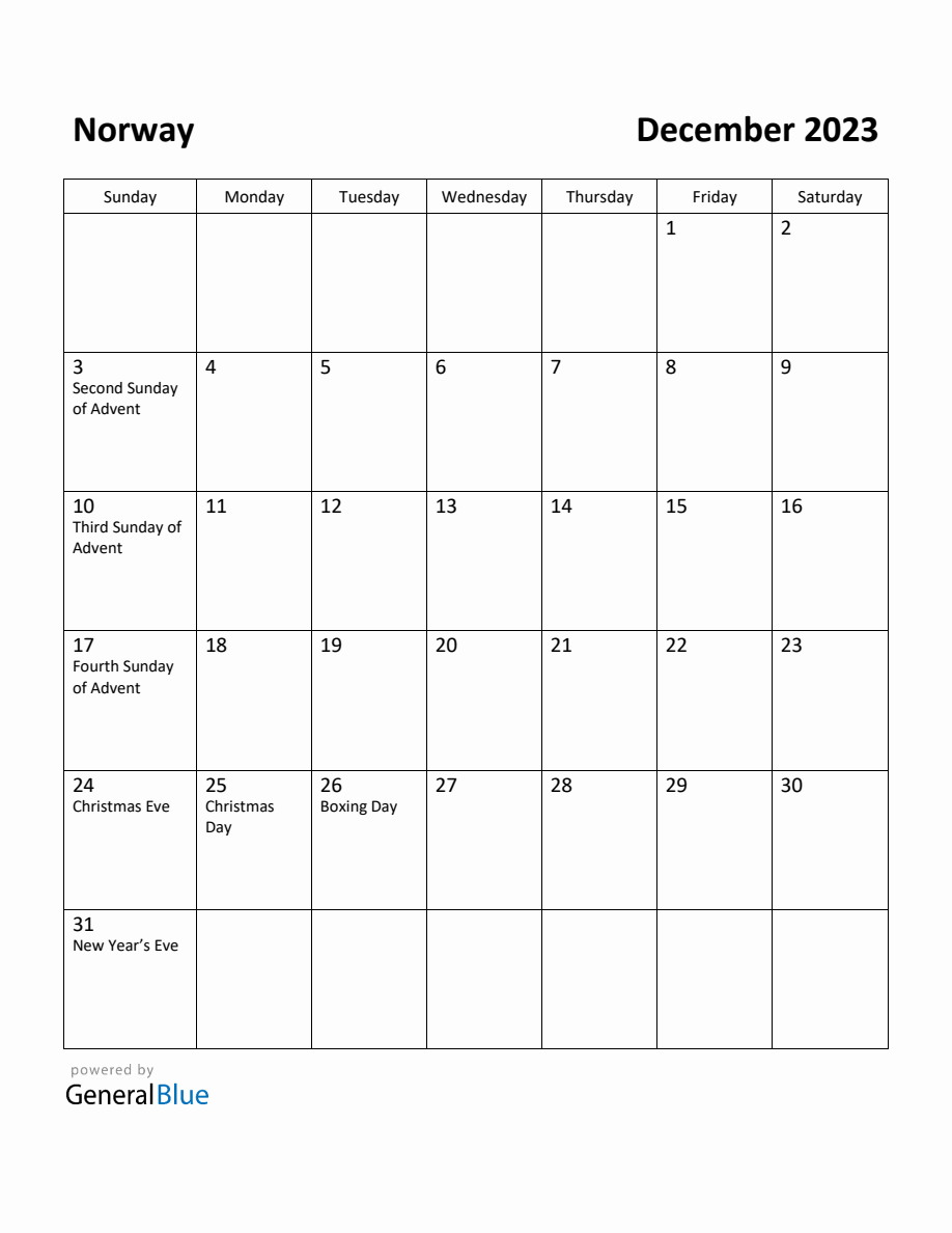 Free Printable December 2023 Calendar for Norway