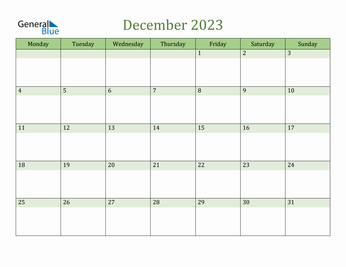 Fillable December 2023 Calendar - Monday Start