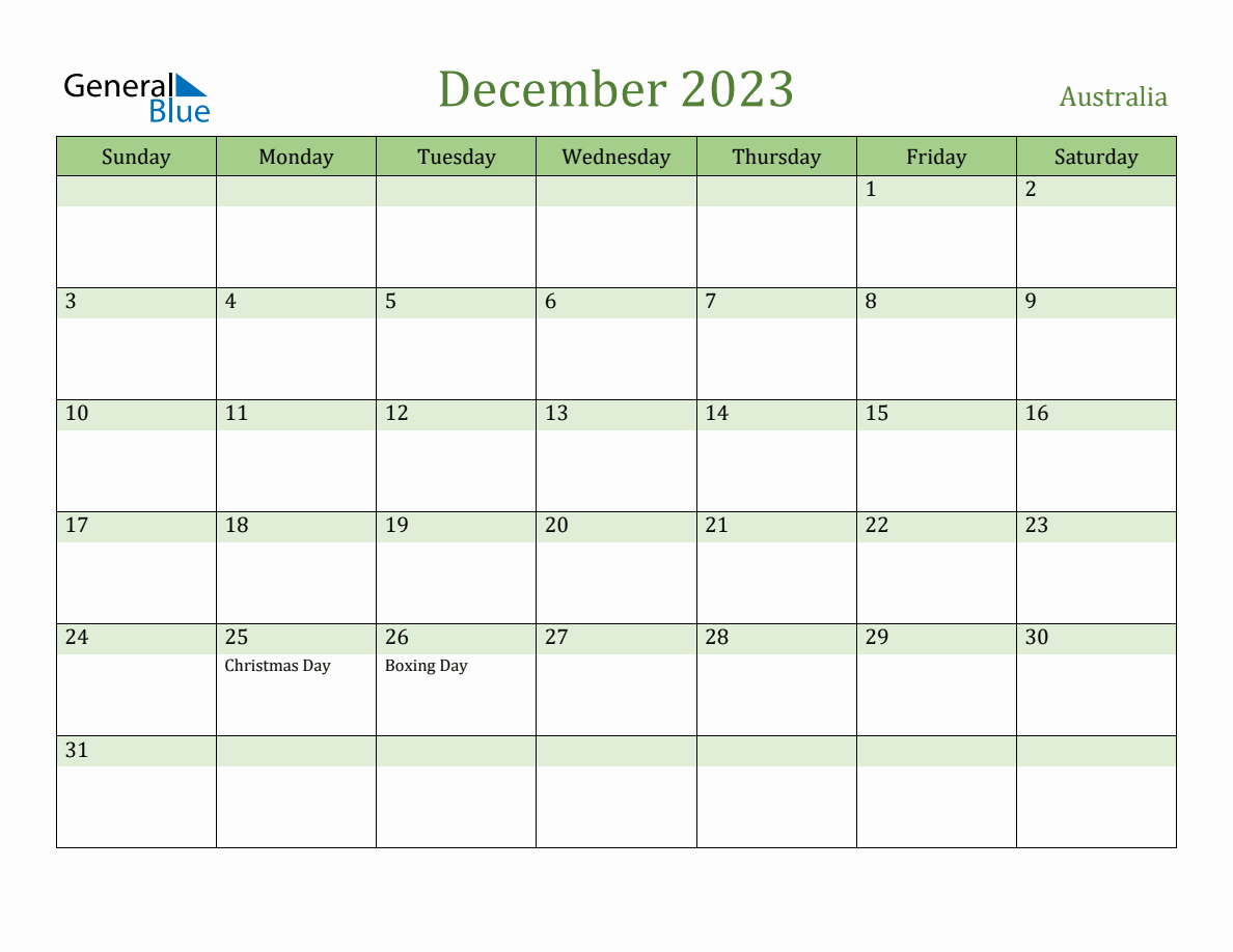 Fillable Holiday Calendar for Australia - December 2023