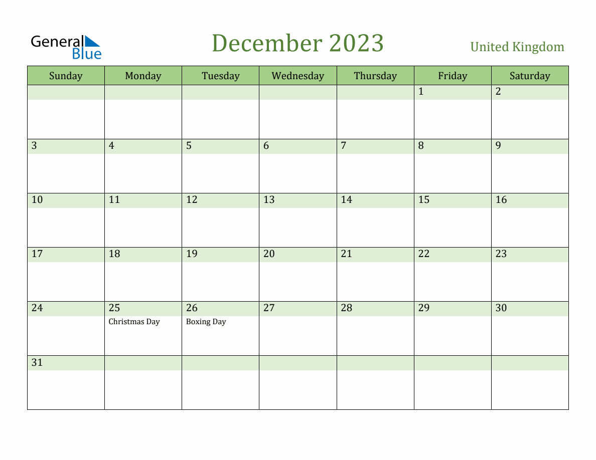Fillable Holiday Calendar for United Kingdom - December 2023