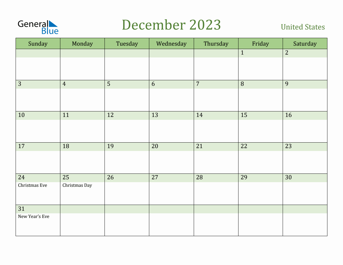 Fillable Holiday Calendar for United States - December 2023