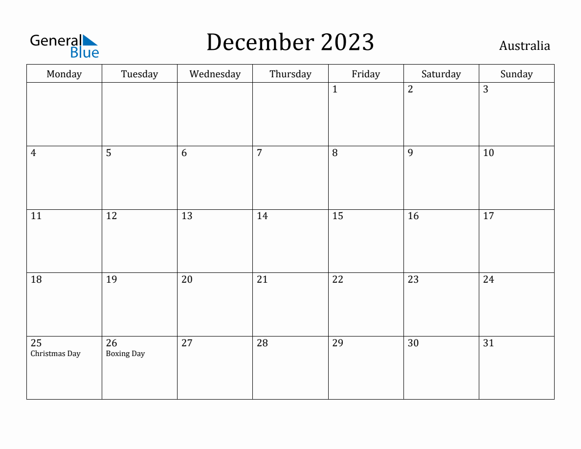 Australia Monthly Calendar - December 2023 (Monday Start)