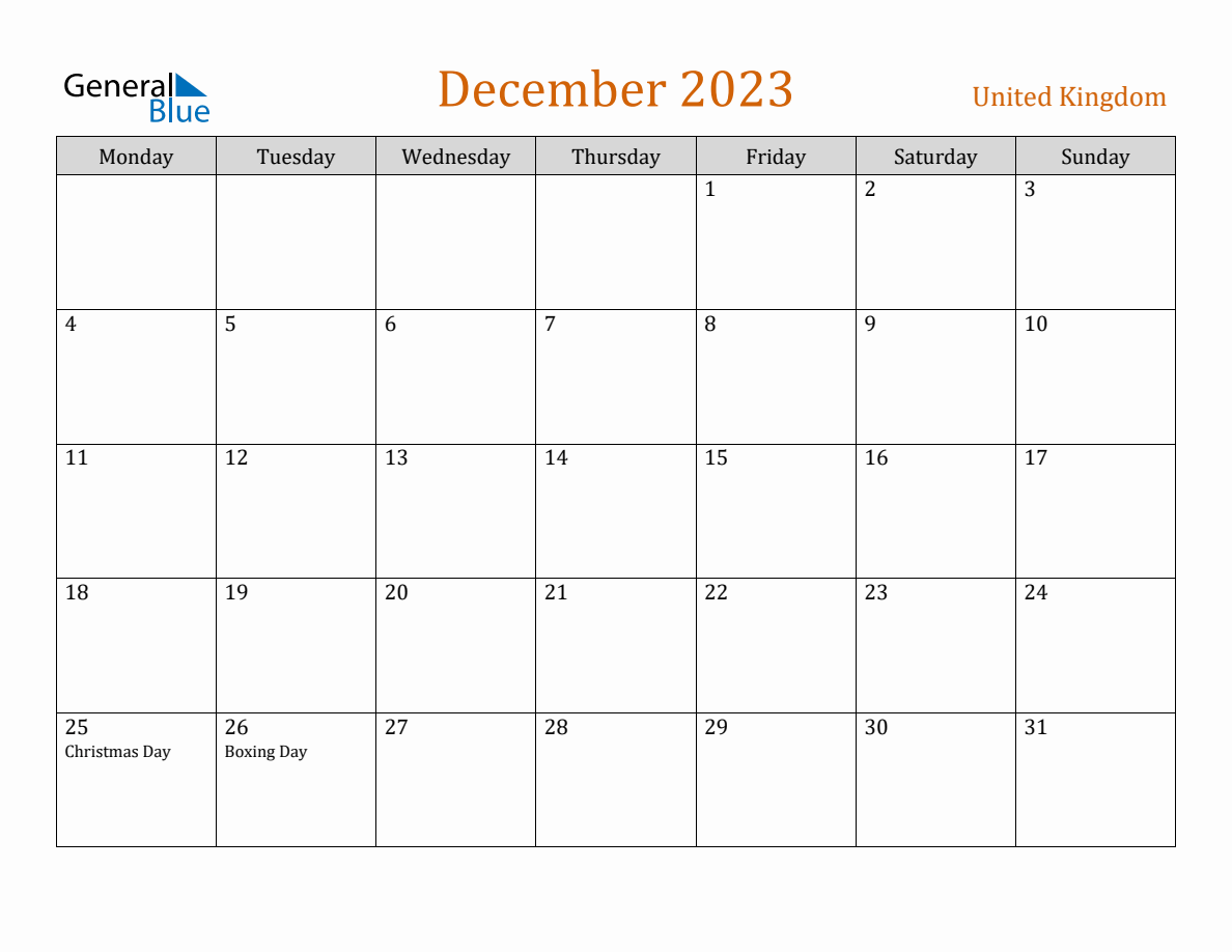 Free December 2023 United Kingdom Calendar
