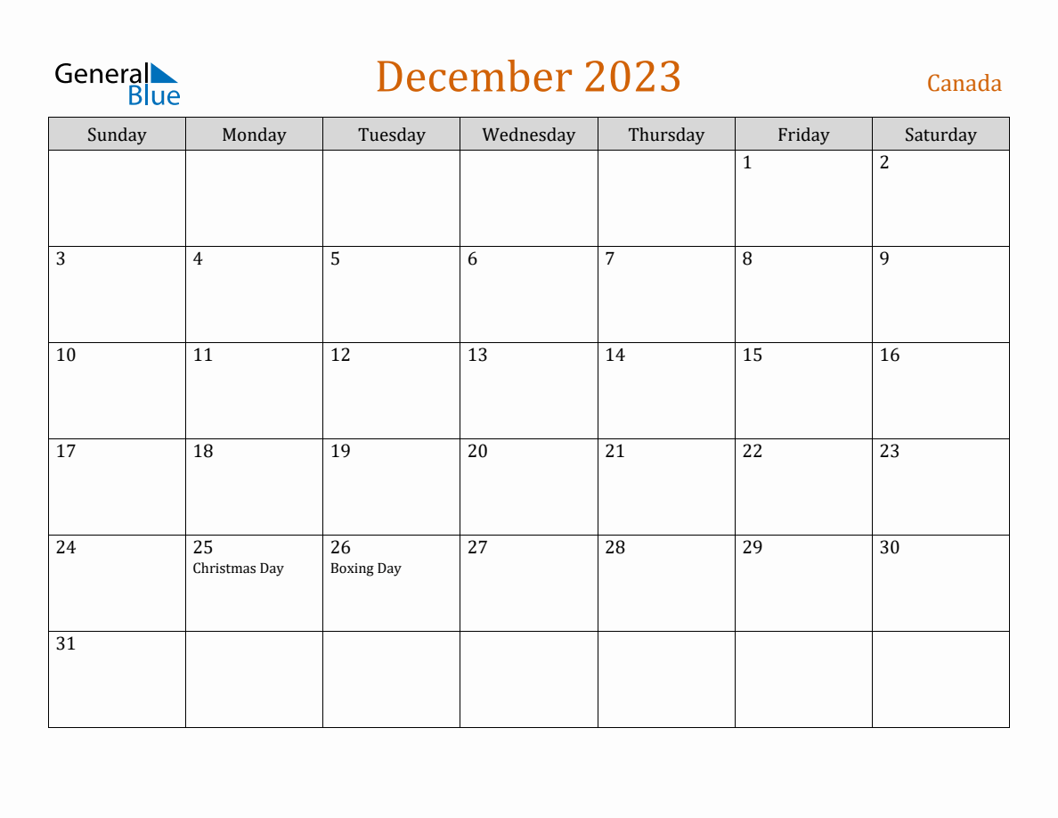 Free December 2023 Canada Calendar
